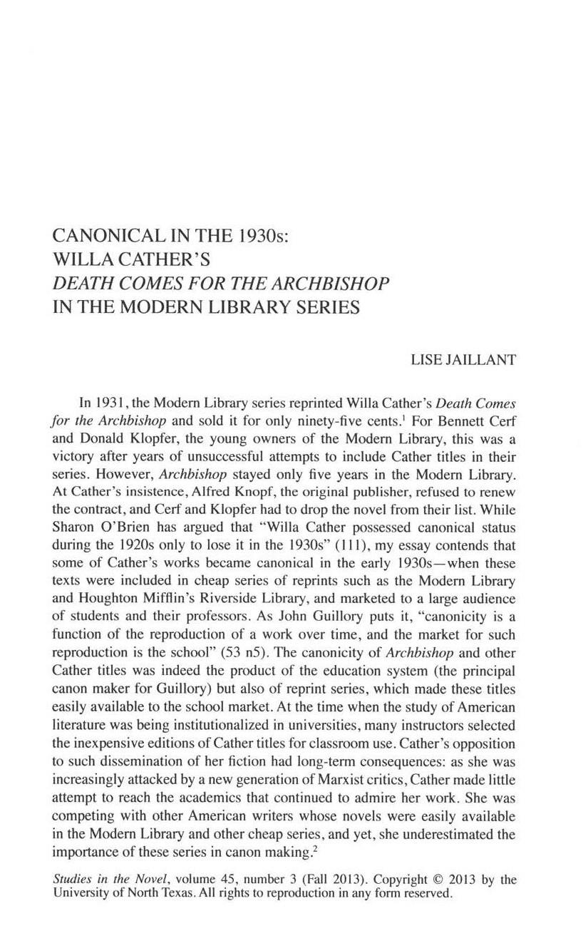 (PDF) Canonical in the 1930s: Willa Cather’s Death Comes for the ...