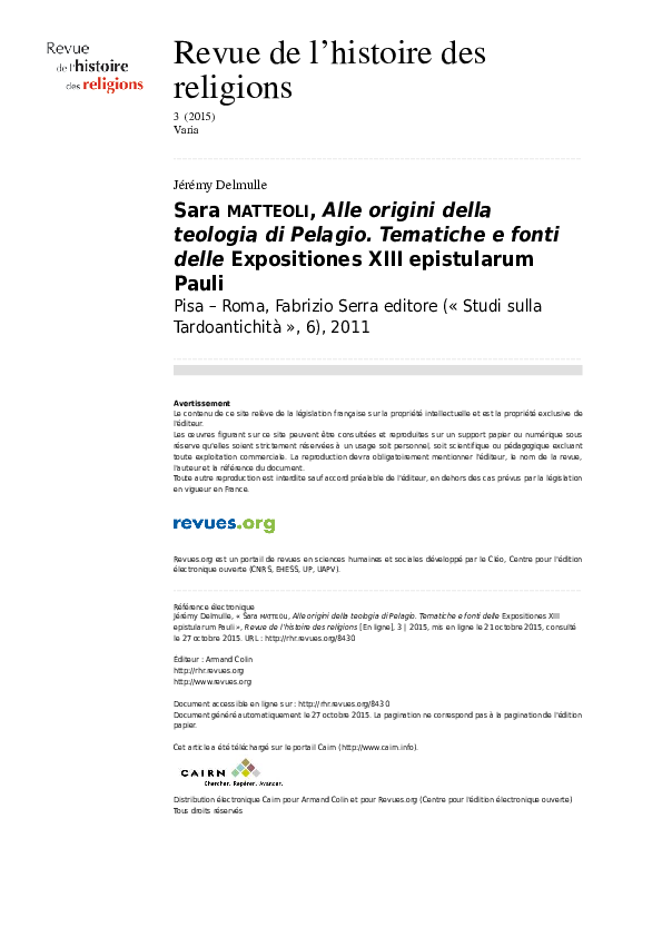 (PDF) Sara Matteoli, Alle origini della teologia di Pelagio. Tematiche ...