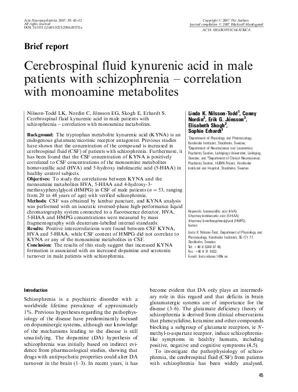 (PDF) Cerebrospinal fluid kynurenic acid in male patients with schizophrenia ? correlation with ...