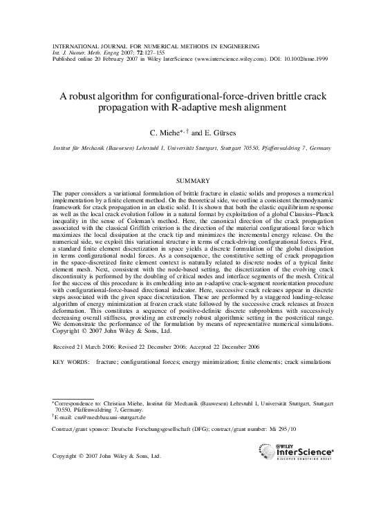 Pdf A Robust Algorithm For Configurational Force Driven Brittle Crack