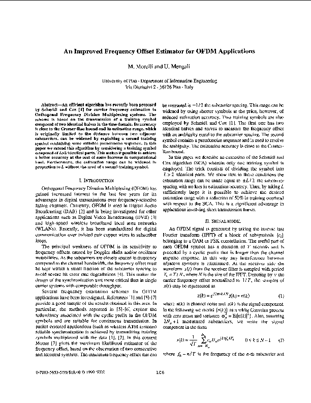 Pdf An Improved Frequency Offset Estimator For Ofdm Applications