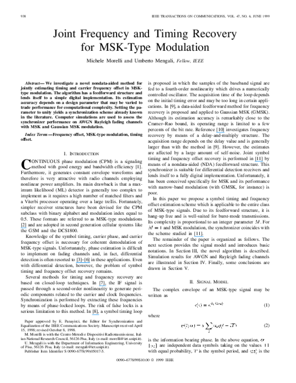 (PDF) Joint frequency and timing recovery for MSK-type modulation