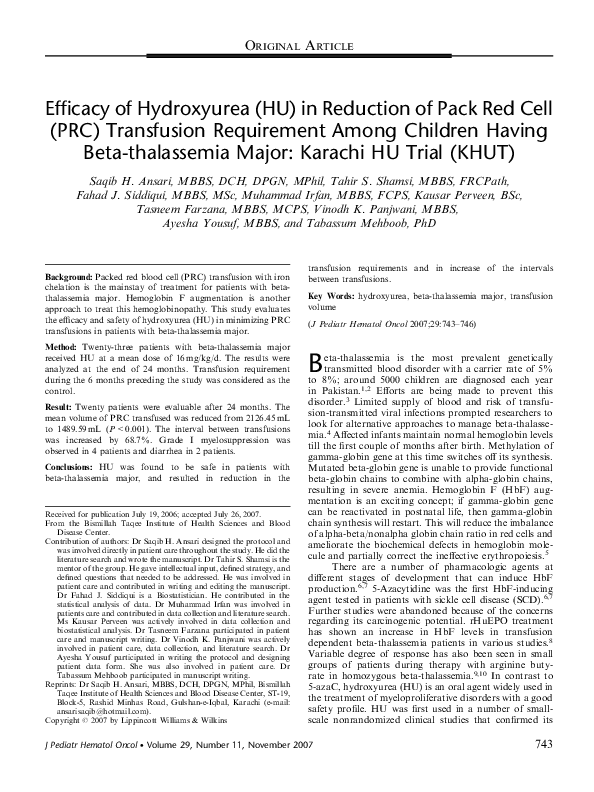 (PDF) Efficacy of Hydroxyurea (HU) in Reduction of Pack Red Cell (PRC ...
