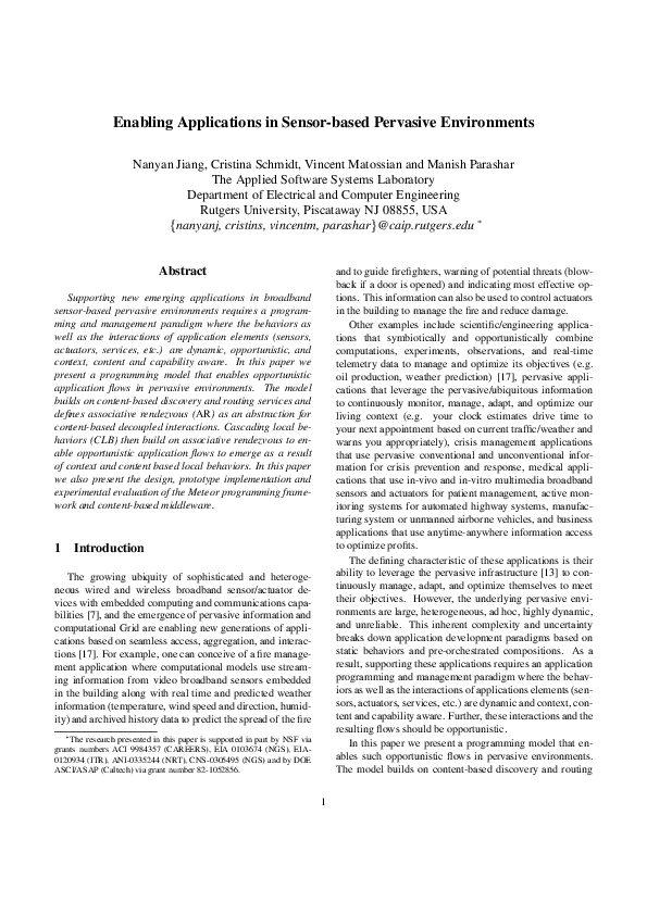 Pdf Enabling Applications In Sensor Based Pervasive Environments