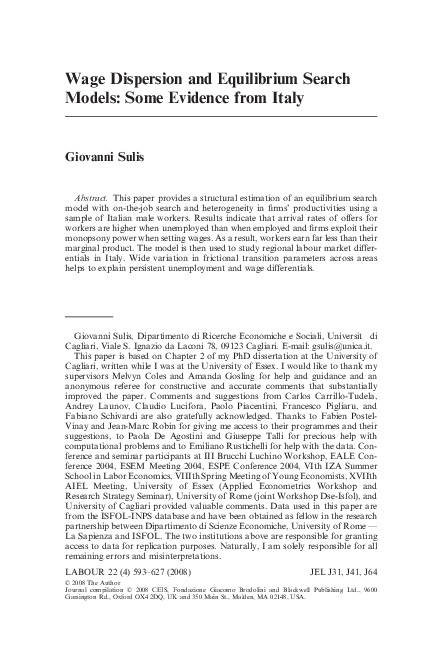 (PDF) Wage Dispersion and Equilibrium Search Models: Some Evidence from ...