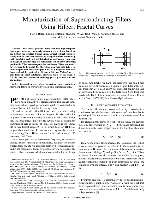 Pdf Miniaturization Of Superconducting Filters Using Hilbert Fractal