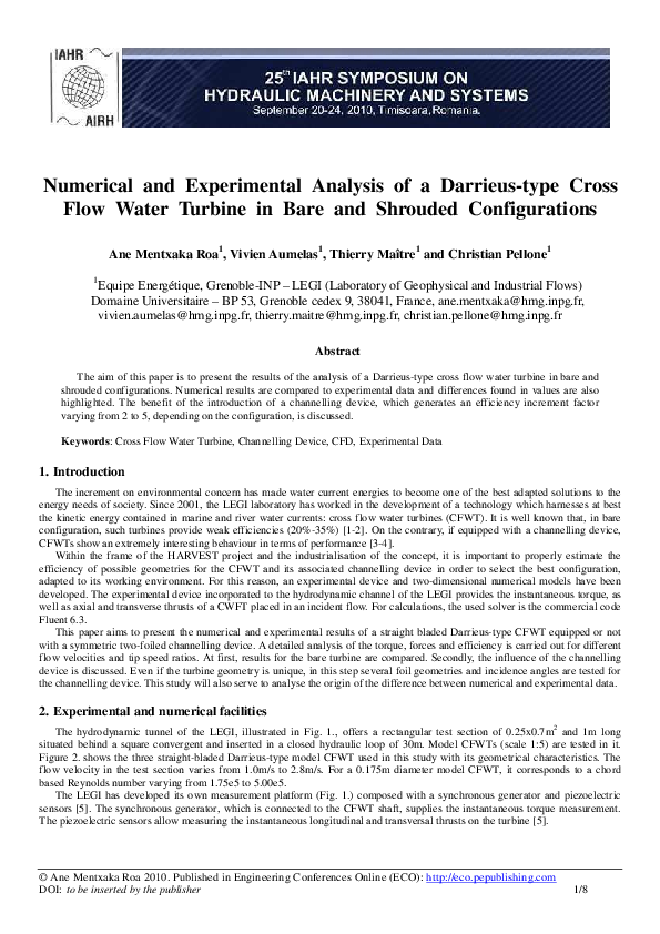 (PDF) Numerical and experimental analysis of a darrieus-type cross flow water turbine in bare ...