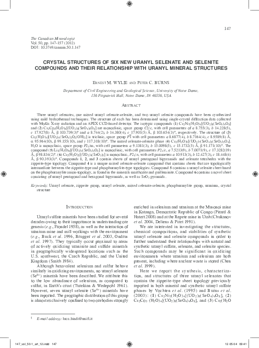 (PDF) CRYSTAL STRUCTURES OF SIX NEW URANYL SELENATE AND SELENITE ...