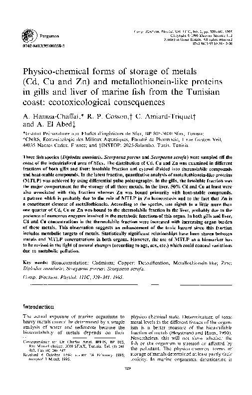 (PDF) Physico-chemical forms of storage of metals (Cd, Cu and Zn) and ...