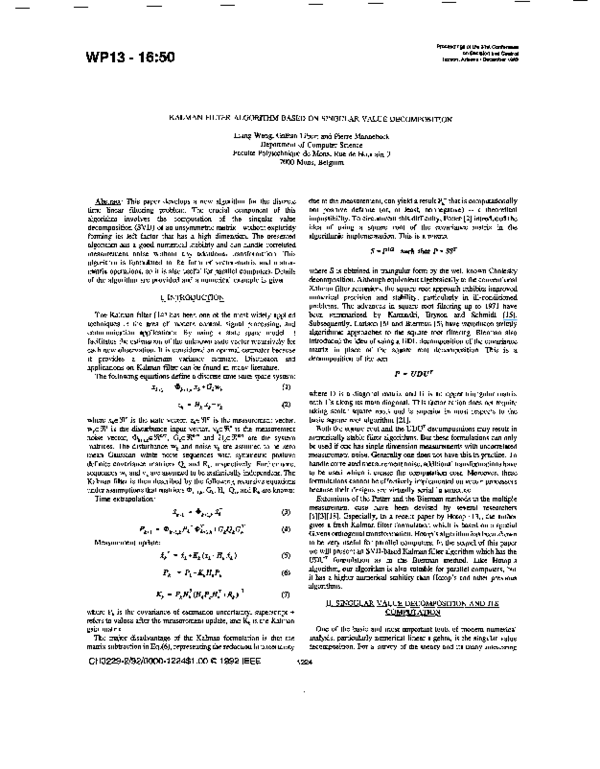 Pdf Kalman Filter Algorithm Based On Singular Value Decomposition