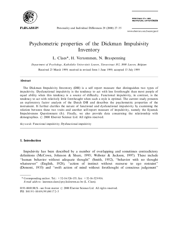 (PDF) Psychometric properties of the Dickman Impulsivity Inventory
