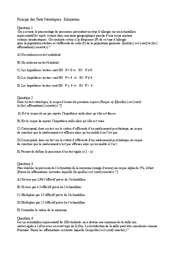 Exercice de tutorat en QCM statistiques inférentielles