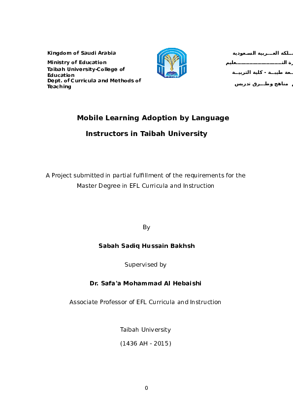 (DOC) Mobile Learning Adoption by Language Instructors in Taibah University
