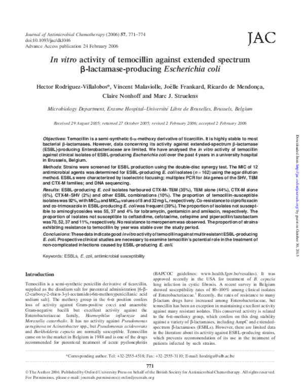 (PDF) In vitro activity of temocillin against extended spectrum ...