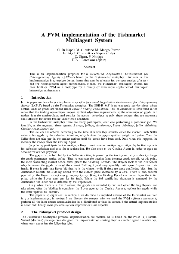(PDF) PVM implementation of the fishmarket multiagent system | Maurizio Giordano - Academia.edu