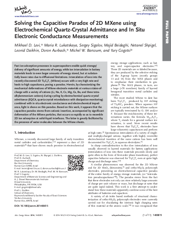 (PDF) Solving the Capacitive Paradox of 2D MXene using Electrochemical Quartz-Crystal Admittance ...