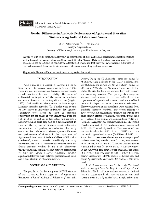 (PDF) Gender Differences in Academic Performance of Agricultural ...