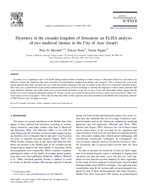 (PDF) Dysentery in the crusader kingdom of Jerusalem: an ELISA analysis ...