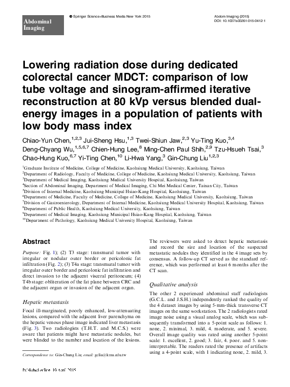 (PDF) Lowering radiation dose during dedicated colorectal cancer MDCT: comparison of low tube ...
