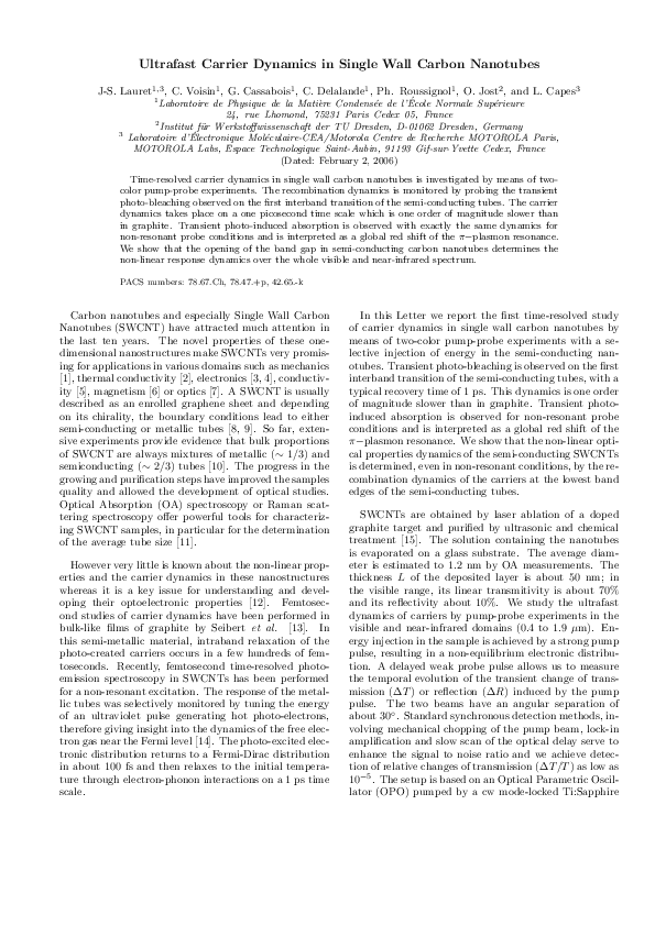 (PDF) Ultrafast Carrier Dynamics in Single-Wall Carbon Nanotubes