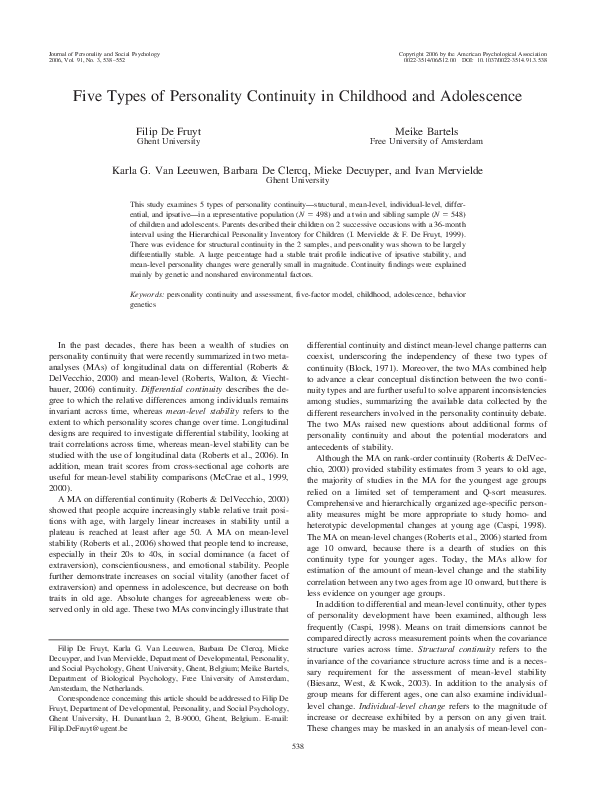 (PDF) Five types of personality continuity in childhood and adolescence