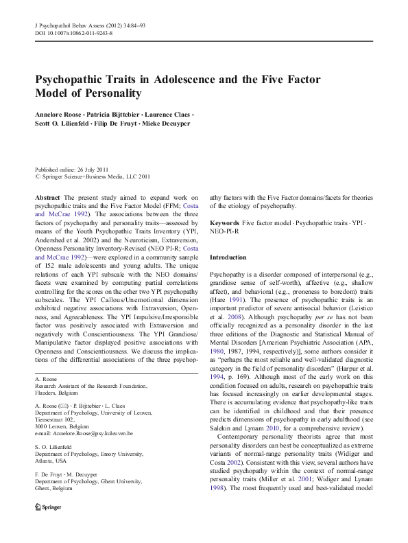(PDF) Psychopathy Traits and the Five Factor Model