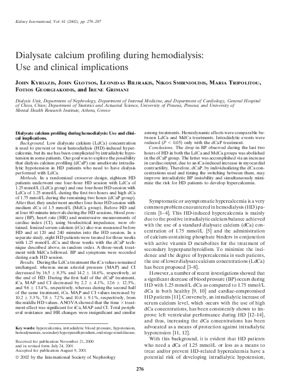 (PDF) Dialysate calcium profiling during hemodialysis: Use and clinical ...
