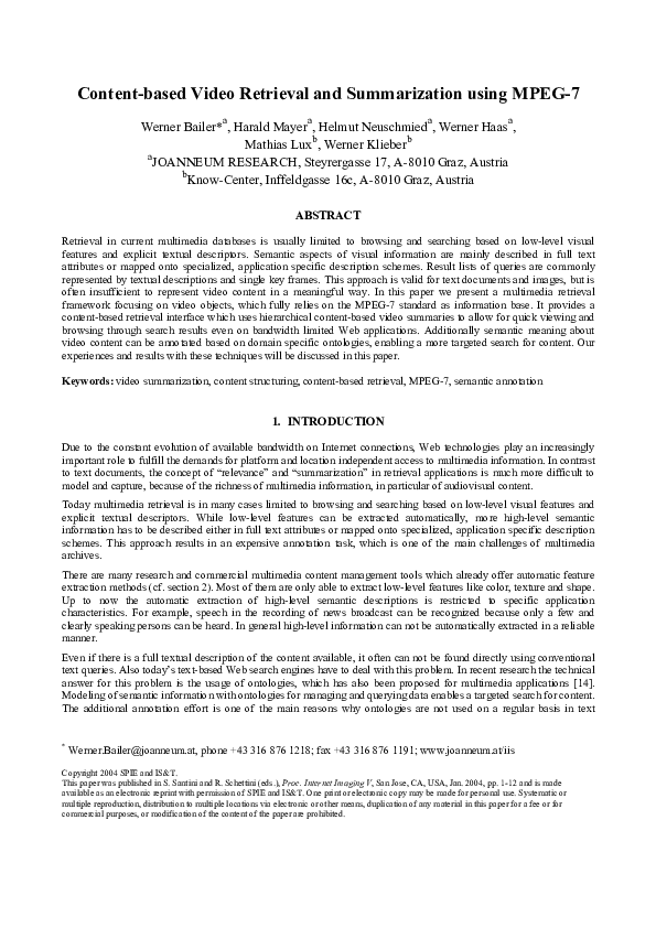(PDF) Content-based Video Retrieval and Summarization using MPEG7