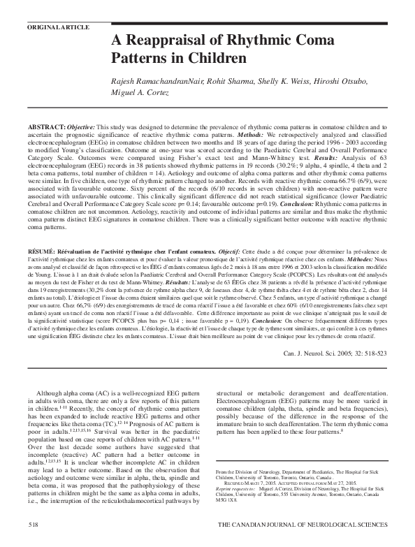 (PDF) A Reappraisal of Rhythmic Coma Patterns in Children