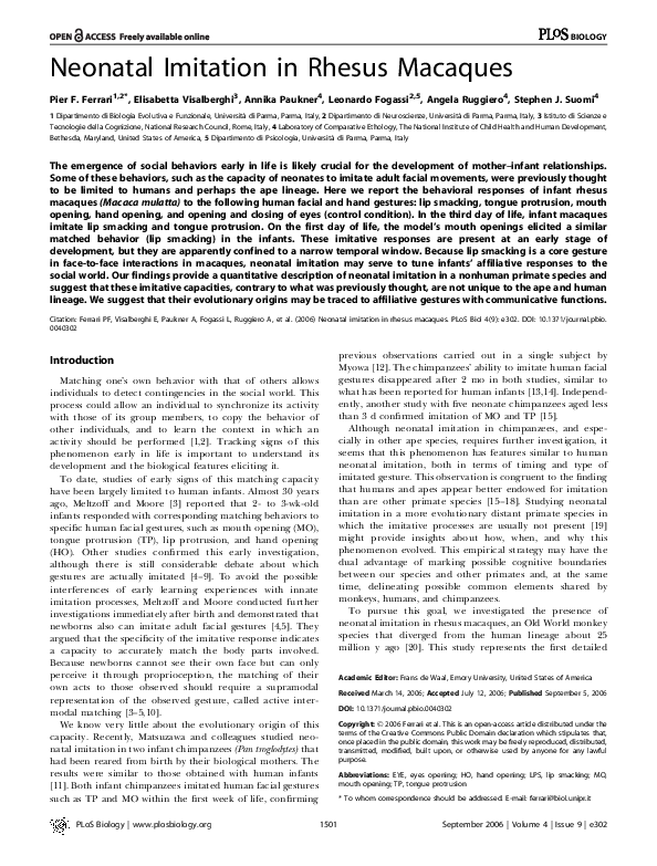 (PDF) Neonatal Imitation in Rhesus Macaques