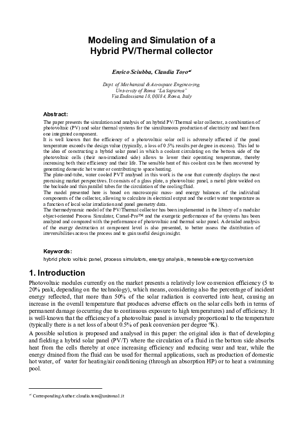 (PDF) Modeling and Simulation of a Hybrid PV/Thermal collector