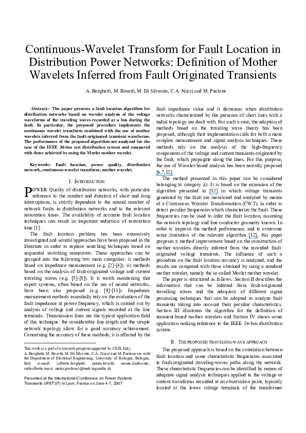 Pdf Continuous Wavelet Transform For Fault Location In Distribution