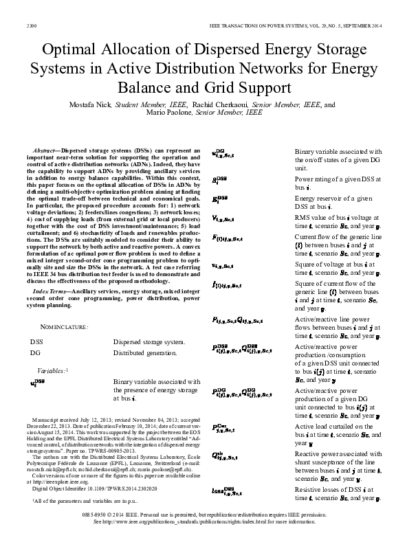 Pdf Optimal Allocation Of Dispersed Energy Storage Systems In Active
