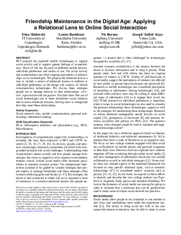 (PDF) Friendship Maintenance in the Digital Age: Applying a Relational ...
