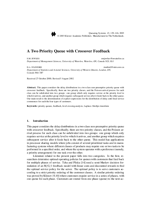 (PDF) A Two Priority Queue with Crossover Feedback