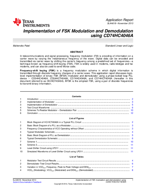 (PDF) Implementation of FSK Modulation and Demodulation using CD74HC4046A