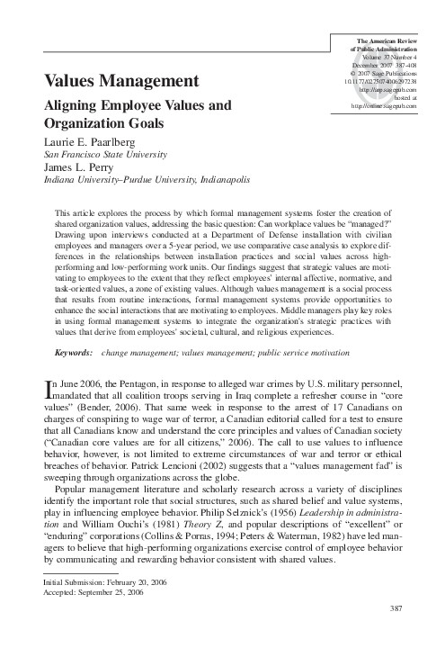 (PDF) Values Management: Aligning Employee Values and Organization Goals