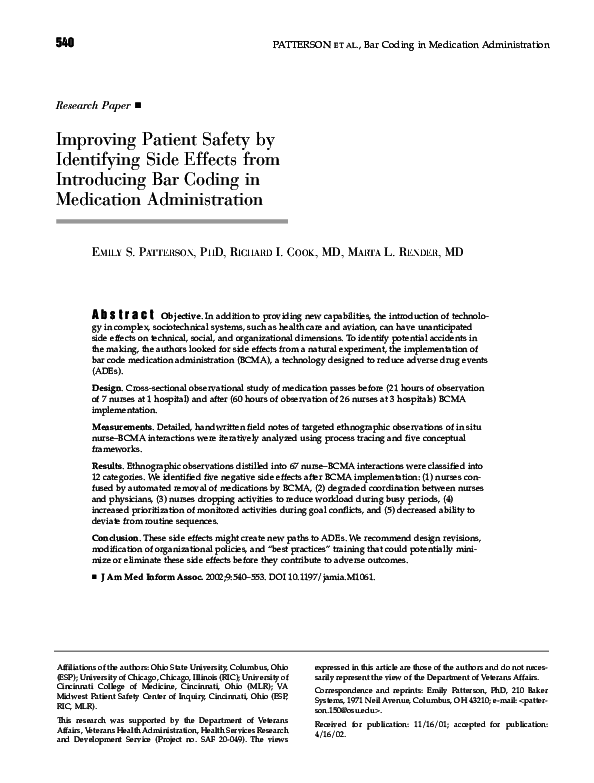 Pdf Improving Patient Safety By Identifying Side Effects From Introducing Bar Coding In