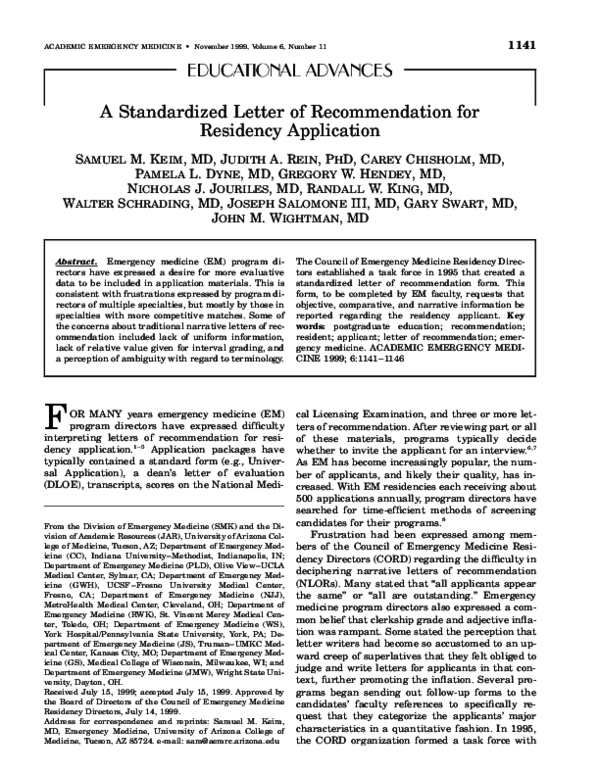 (PDF) A Standardized Letter of Recommendation for Residency Application