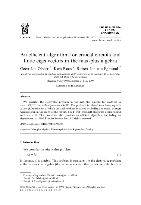 Pdf An Efficient Algorithm For Critical Circuits And Finite Eigenvectors In The Max Plus