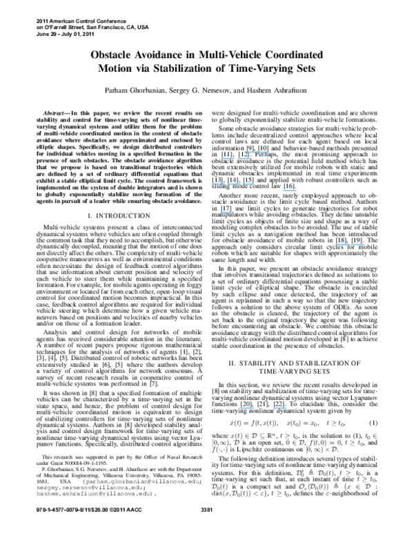 (PDF) Obstacle avoidance in multi-vehicle coordinated motion via stabilization of time-varying sets