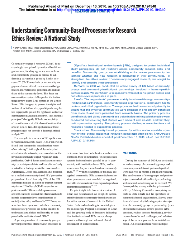 (PDF) Understanding Community-Based Processes for Research Ethics ...