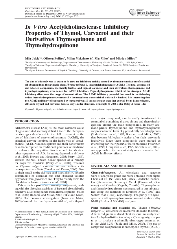 (PDF) In Vitroacetylcholinesterase inhibitory properties of thymol ...
