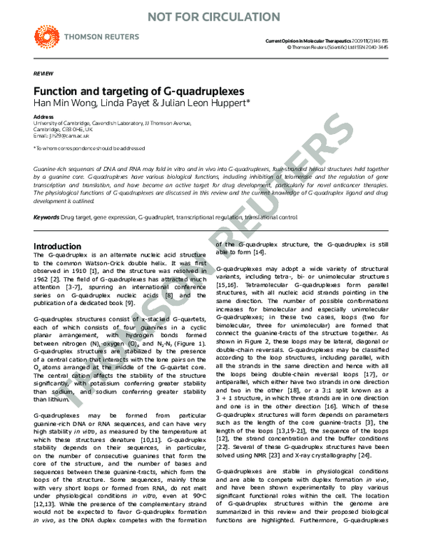 (PDF) Function and targeting of G-quadruplexes | Linda Payet - Academia.edu