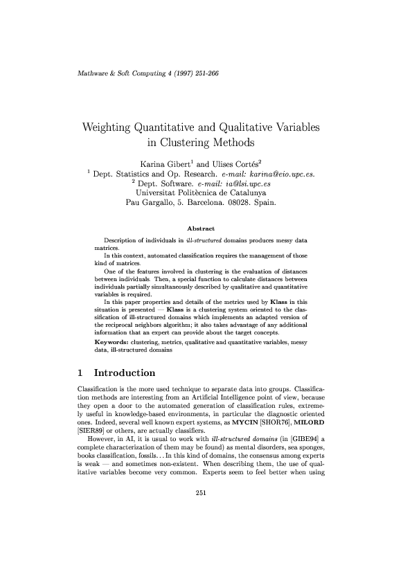 (PDF) Weighting quantitative and qualitative variables in clustering methods | Ulises Cortés ...