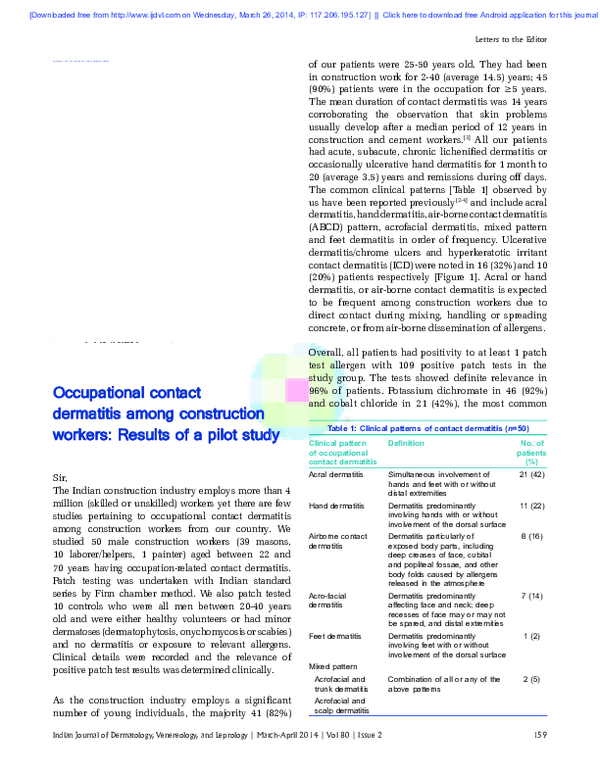 (PDF) Occupational contact dermatitis among construction workers ...