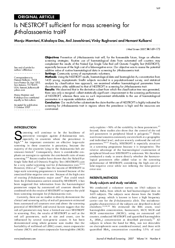 (PDF) Is NESTROFT sufficient for mass screening for {beta}-thalassaemia ...