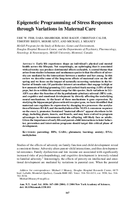 (PDF) Epigenetic Programming of Stress Responses through Variations in Maternal Care | Eric Fish ...