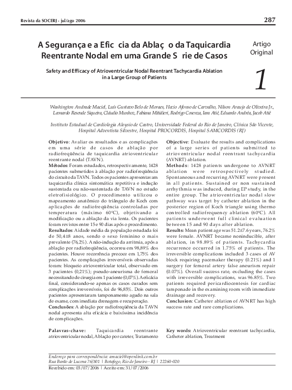 (PDF) A Segurança e a Eficácia da Ablação da Taquicardia Reentrante ...