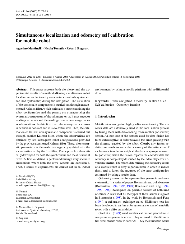 (PDF) Simultaneous localization and odometry calibration for mobile robot